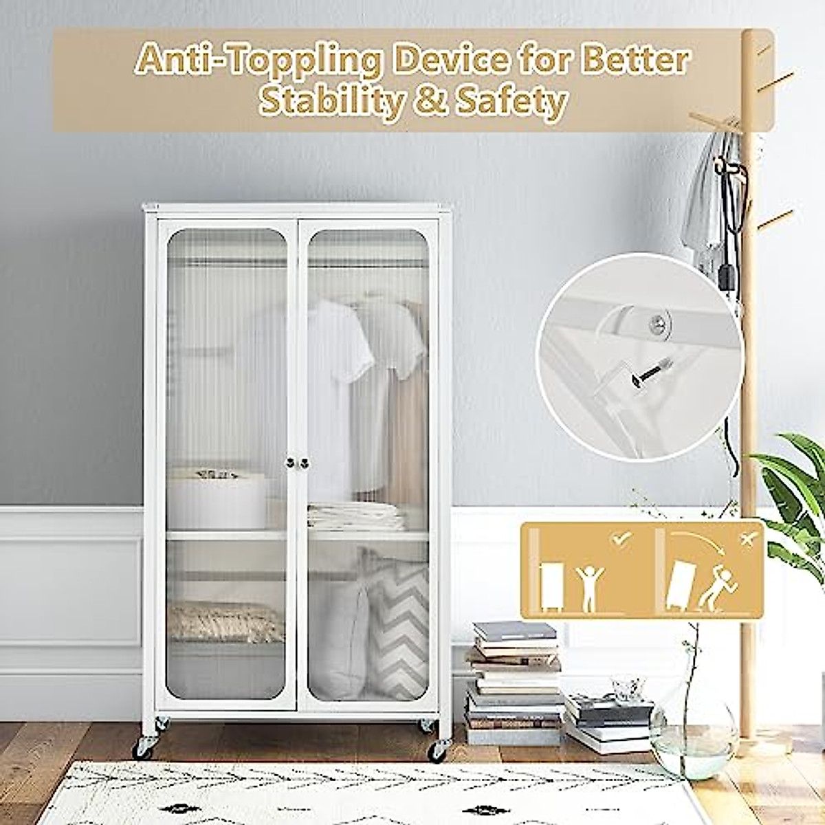 Giantex Closet Wardrobe, Portable Closet with Rollers, Mobile Metal Armoire Closet with Hanging Rod, Adjustable Shelf, Rolling Closet Storage Accent Cabinet, Armoire Clothes Organizer for Bedroom