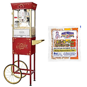 Matinee Popcorn Machine and Cart – 3 Gallon Popcorn Popper, 8oz Kettle, Warmer, and 5 All-In-One Popcorn Packs by Great Northern Popcorn (Red)