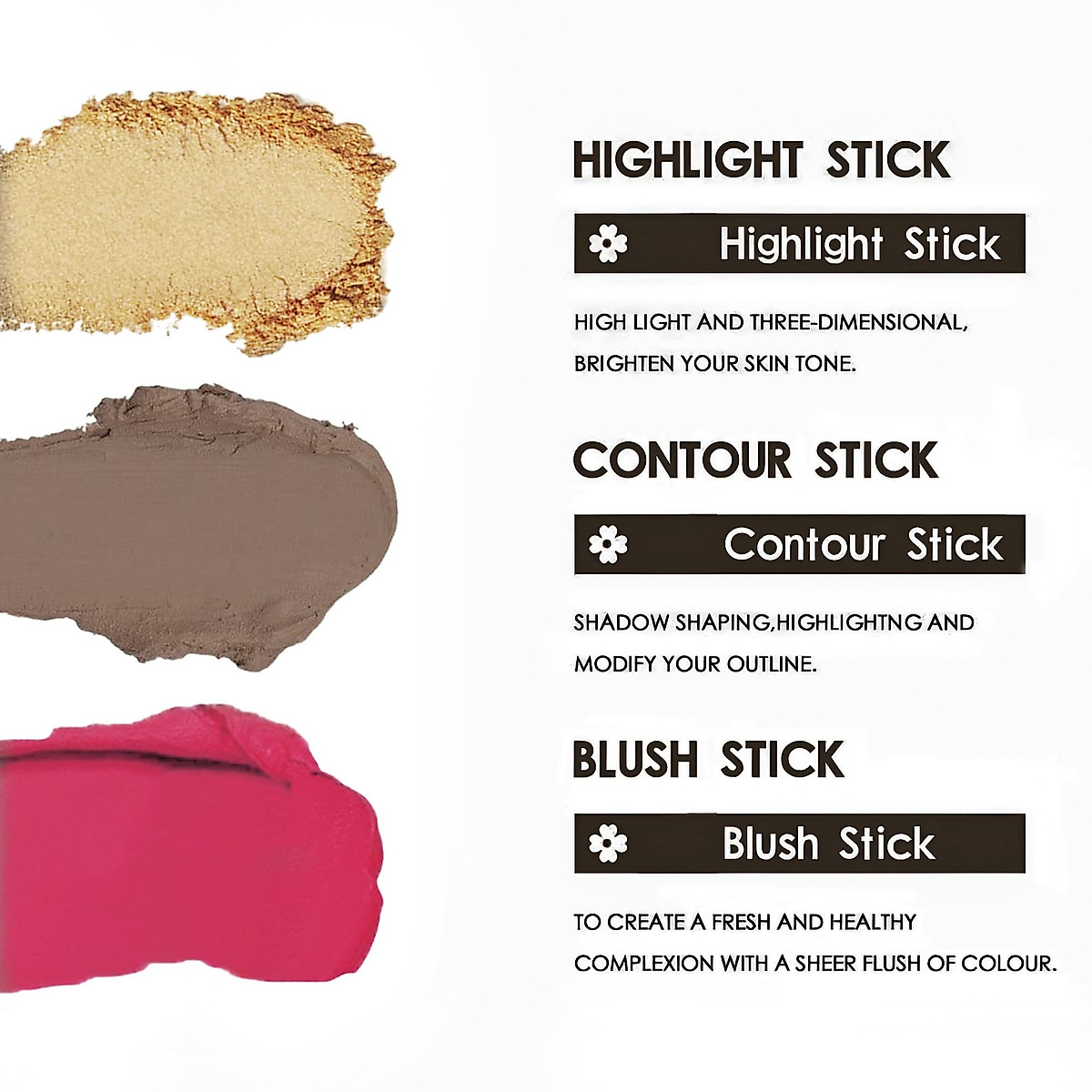 Go Ho 3PCS Cool-tone Contour Highlight Blush Stick Set,Cream Contour Stick Kit,Long-Wearing,Natural-Looking Contouring Face Foundation Makeup -Shimmer Highlighter,Blush&Bronzer Shading Contour