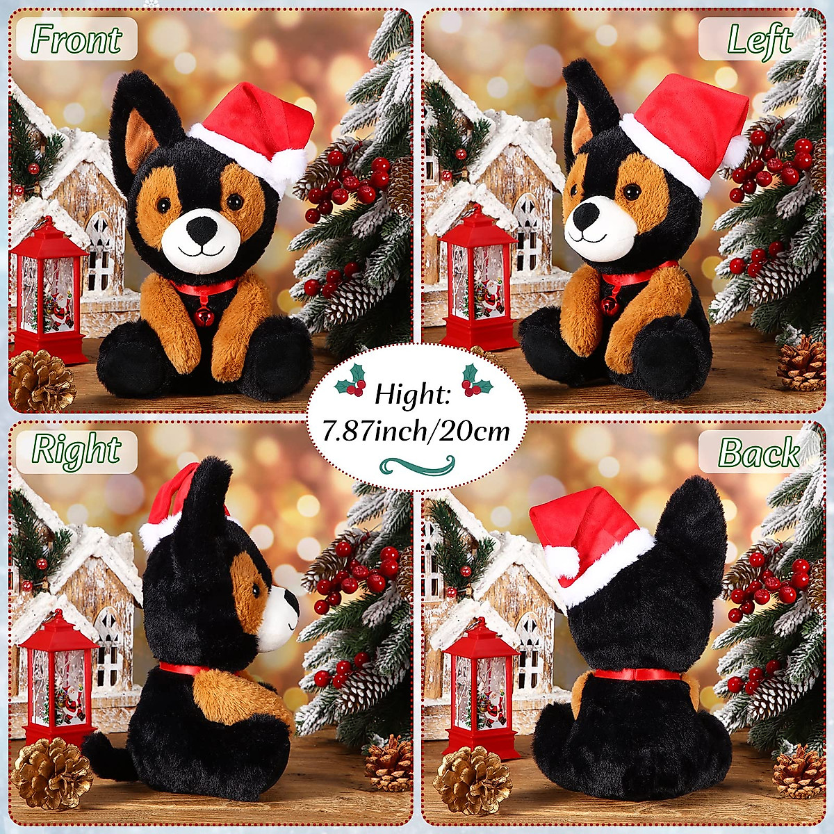 Threan 8 Inch Christmas Stuffed Animal Christmas Plush Doll with Santa Hat for Holiday Decoration Winter Gifts(Dog Style)