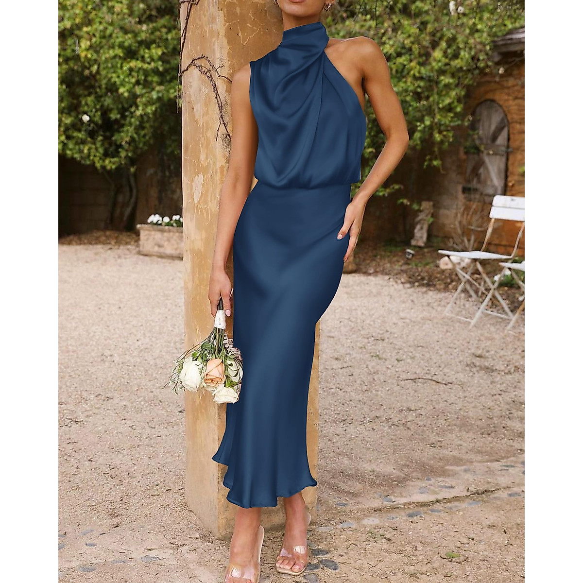 BTFBM Womens Sleeveless Cocktail Dresses Mock Neck Keyhole Elastic High Waist Evening Party Maxi Wedding Guest Dress(Solid Dark Blue, Large)