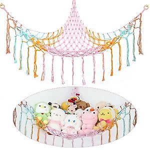 Boho Stuffed Animals Net or Hammock Large,55 inch Toy Hammock Macrame Stuff Animal Storage Corner Hanging Net Holder,Mesh Hammock Plush Toy Organizer with Hooks for Bedroom,Nursery (colorful)