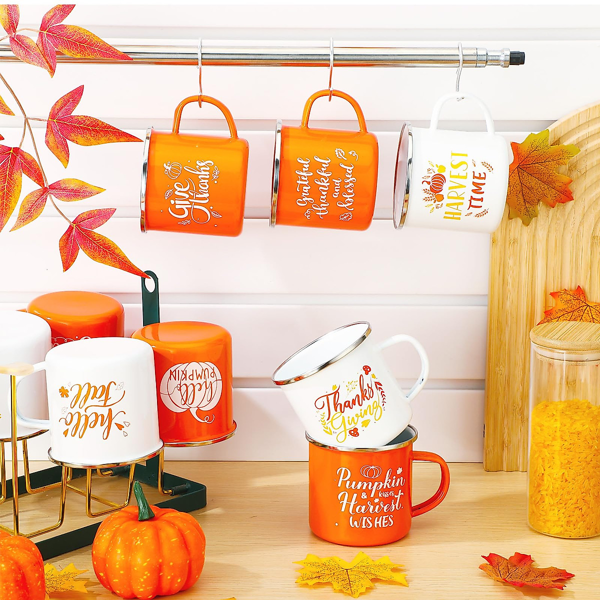 Suttmin 9 Pcs Fall Coffee Mugs Thanksgiving Enamel Mug Pumpkin Autumn Cup Hello Fall Give Thanks Sign 12 oz Camping Tea Orange White Cup Decor for Halloween Party (Pumpkin)