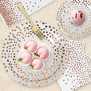 CENLBJ Disposable Paper Plates 100 Pack-White and Rose Gold Paper Plates 50x9&Gold Dot Napkins 50x6.5,Paper Plates and Napkins Party Supplies for Weddings,Birthdays,Bridal Parties,All Occasions