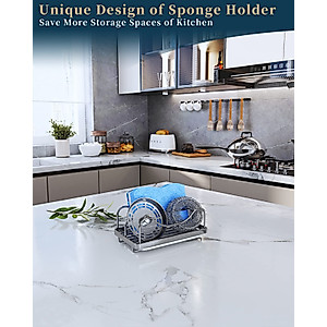 Consumest Sponge Holder for Kitchen Sink, Movable Sink Caddy for Countertop Organizer, 304 Stainless Steel Sink Sponge Holder with Detachable Drip Tray for Kitchen Accessories-Silver