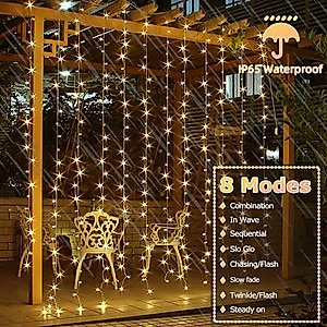 600 LED Solar Curtain Lights Outdoor Remote Control Gazebo Light 8 Modes Waterproof Waterfall Fairy Light String Window Wall Hanging Solar Patio Light Outside Wedding Party Christmas Decor, Warm