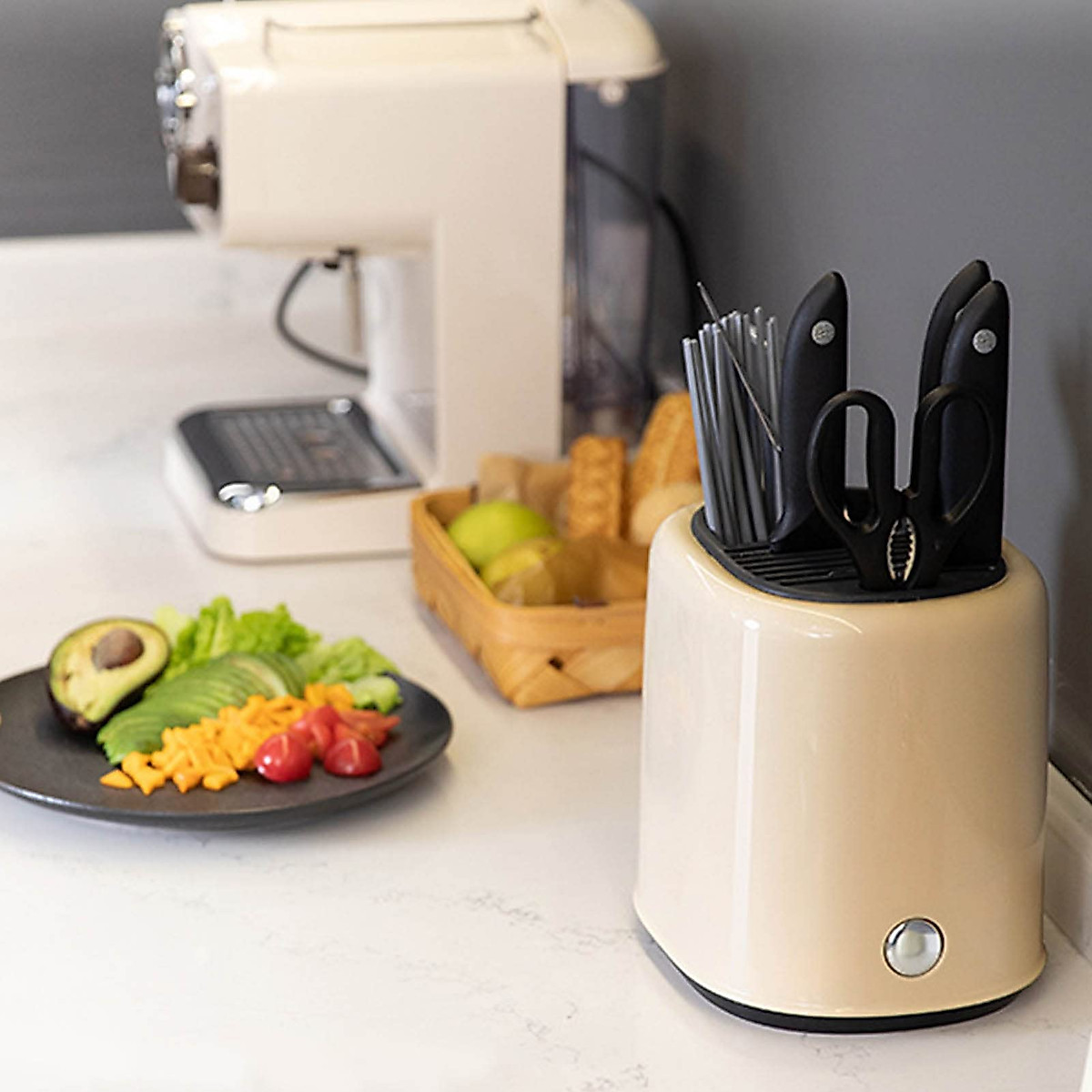 2 in 1 Kitchen Utensil Holder, Divided Spatula Holder Utensil Crock, Tableware Spoon Forks Storage Box, Plastic Kitchen Utensil Holder Cultery Drainer Caddy for Dinner Home Kitchen(Beige)