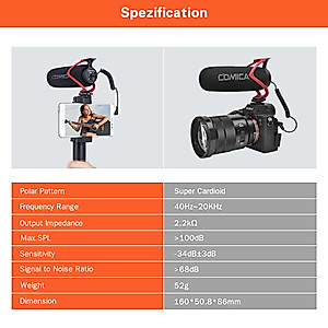 comica Universal Video Microphone, CVM-V30 LITE Super-Cardioid Directional Shotgun Camera Microphone for Canon Nikon Sony Fuji DSLR Cameras and iPhone Android Smartphones(Red)
