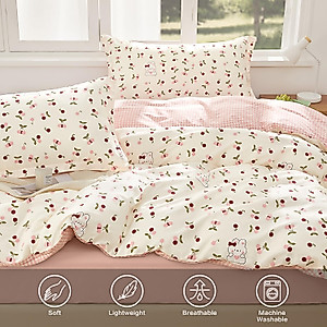 SAPHREAS Home Cute Pink Cherry Duvet Cover Cotton Girls Bedding Set Kawaii Rabbit Pattern Bedding Comforter Cover Kids Teens Cute Bed Set 3pcs 1 White Duvet Cover 2 Pillowshams Queen Size