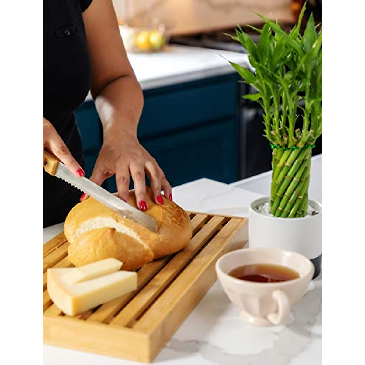 Bamboo Land- Large Bamboo Bread Board with Large Bread Knife and Crumb Catcher, Bread Cutting Board, Bread Boards Wooden, Bread Tray, Bread Cutting Board with Crumb Catcher, Tray to Cut Homemade Bread