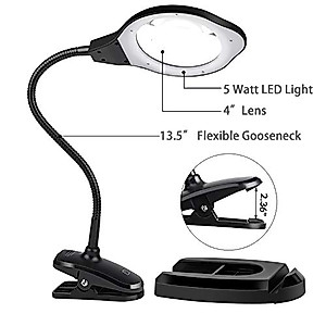 Magnifying Glass lamp, Dylviw 2X Magnifier Light with Metal clamp, Table Base Holder USB Powered Classic Black Portable Clip Desktop Magnifying lamp, Great for Daily Reading, Hobbies, Workbench