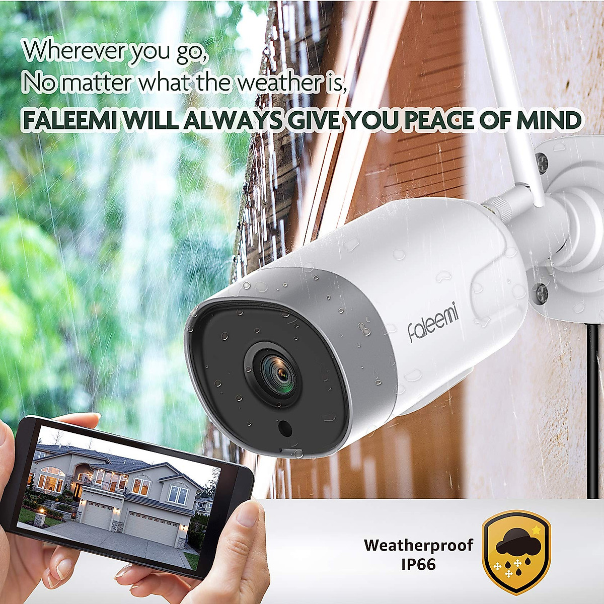 faleemi WiFi Outdoor Camera, 1080P Home WiFi Camera with Night Vision, Motion Detection, 2-Way Audio, IP66 Waterproof, SD Card Slot and Cloud Storage, Compatible with Android/iOS