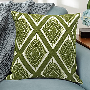 Alysheer Embroidered Decorative Throw Pillow Cover 18"x18", Boho Geometric Modern Thick Embroidery Pattern, Durable Cotton Canvas Soft Cushion Case for Sofa Couch Bed Living Room (Olive Green)