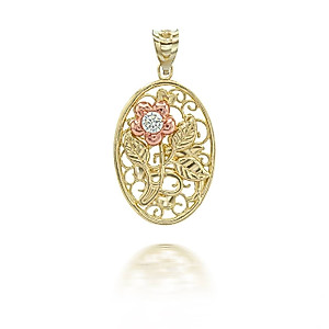 Elegant 14k Two-Tone Gold CZ Oval Filigree Rose Vines Pendant Necklace, 18"