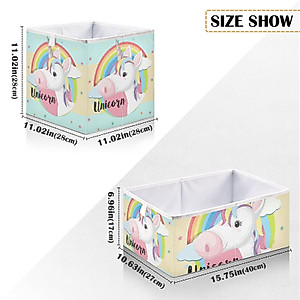 ALAZA Unicorn Head and Rainbow Fabric Cube Storage Bin,Collapsible Fabric Bins Organizer Foldable Basket for Closet Cabinet Shelf Office,11.02x11.02x11.02in