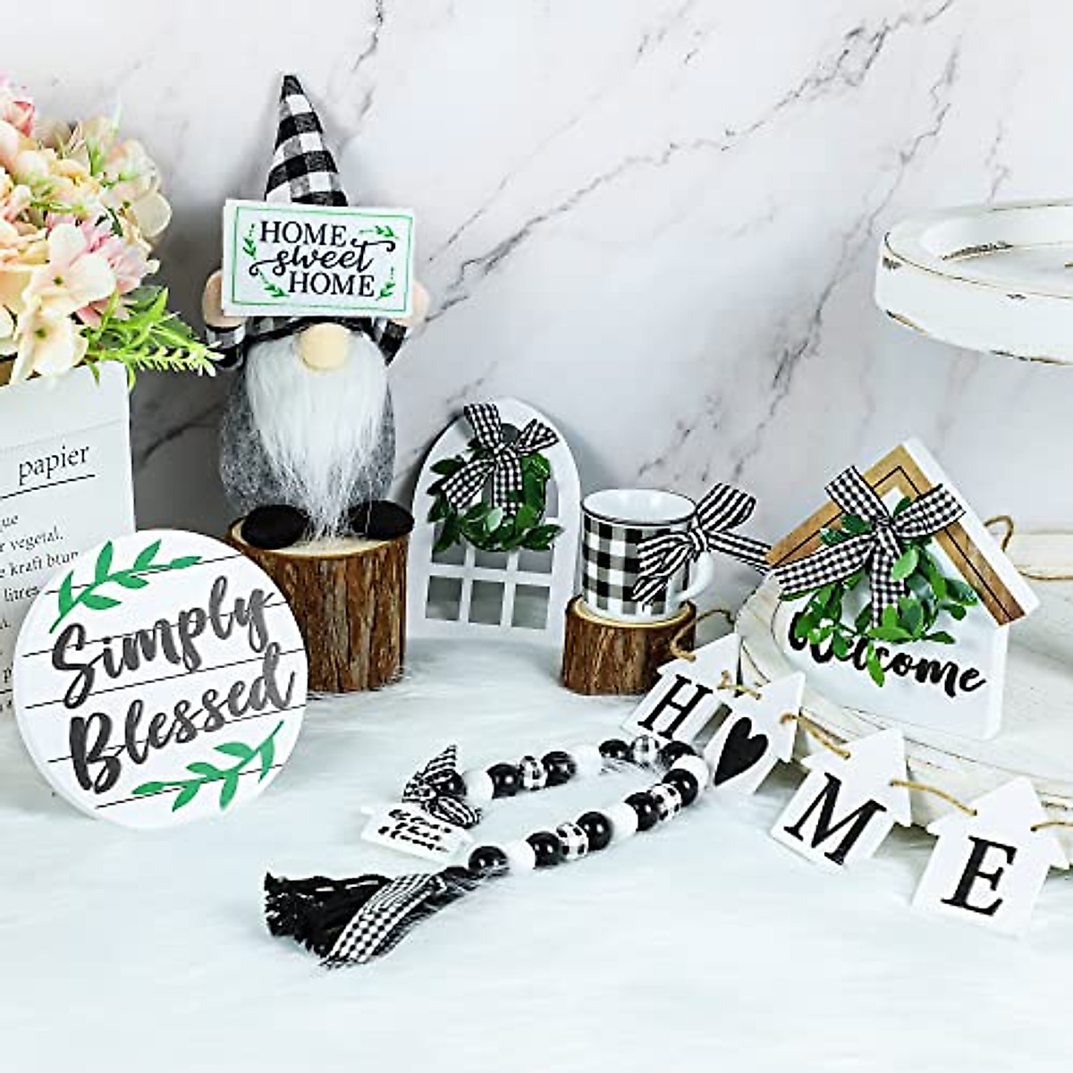 10 PCS Rustic Farmhouse Home Tiered Tray Decor, Farmhouse Wooden Table Signs Black White Buffalo Plaid Kitchen Decoration Set, Lighted Gnome Plush Home Sweet Home Decor Signs Housewarming Gifts