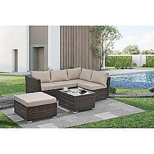 Patio Furniture Outdoor Seasonal Pe Wicker 4 Set with Tempered Glass Coffee Table Grey Rattan Deep Seating