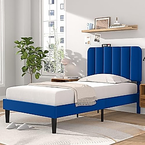 VECELO Twin Size Upholstered Bed Frame with Adjustable Headboard, Velvet Platform Bedframe Mattress Foundation, Strong Wood Slat Support, No Box Spring Needed, Dark Blue