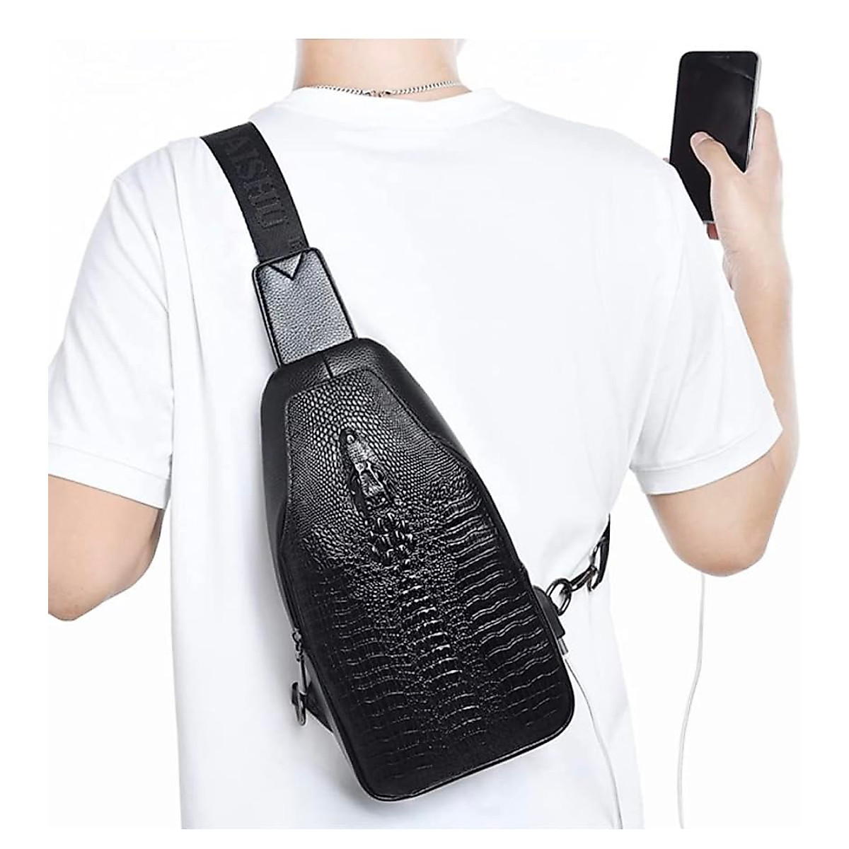NEX GEN REMIX Crocodile Leather Sling Bag Crossbody Backpack for Men Women Unisex (Black)