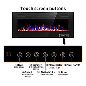ZAFRO Electric Fireplace 42'' with Remote Control, Recessed Wall Mounted Electric Fireplace with Adjustable 12-Color Flame Brightness & Speed