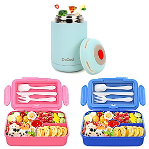 DaCool Insulated Food Jar Food ThermosVacuum Insulated Stainless Steel 16 oz + Bento Box Kids Lunch Box 7.5 Cups with 4-Compartment Leakproof BPA Free