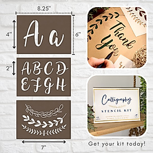 Boutique Calligraphy Stencil Template Kit - 45 Reusable Pieces - Includes Lettering Upper and Lowercase Both Large and Small, Numbers, Punctuation, Laurels and Flowers - for Arts Crafts Painting Wood