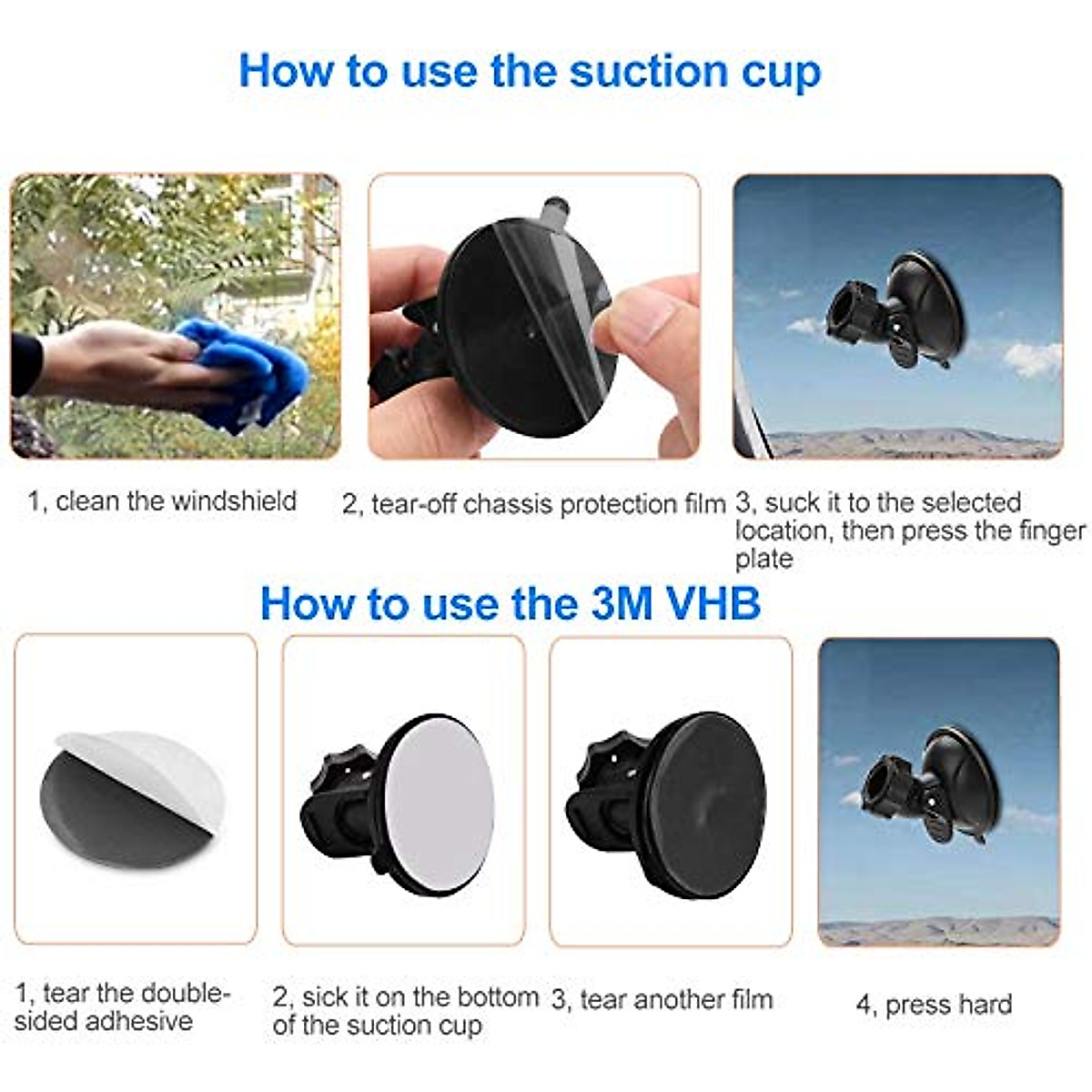 QveeQ Dash Cam Suction Cup Mount Compatible with Crosstour, APEMAN, YI 2.7", Z-Edge Z3 3" and Most Other Dash Cam with 16 Different Points, 3 x Glue Double Sided Adhesive Tapes, 3 Wipes(Dry and Wet)