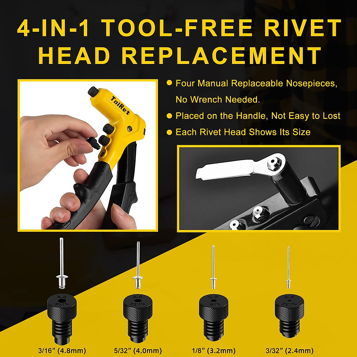 TOLRET Rivet Gun, Pop Rivet Gun Kit with 320 Pcs Rivets, Manual Rivet Tool with 4 Manual Interchangeable Nosepieces, Heavy Duty Hand Riveter for Metal, Wood, Plastic,TR-205