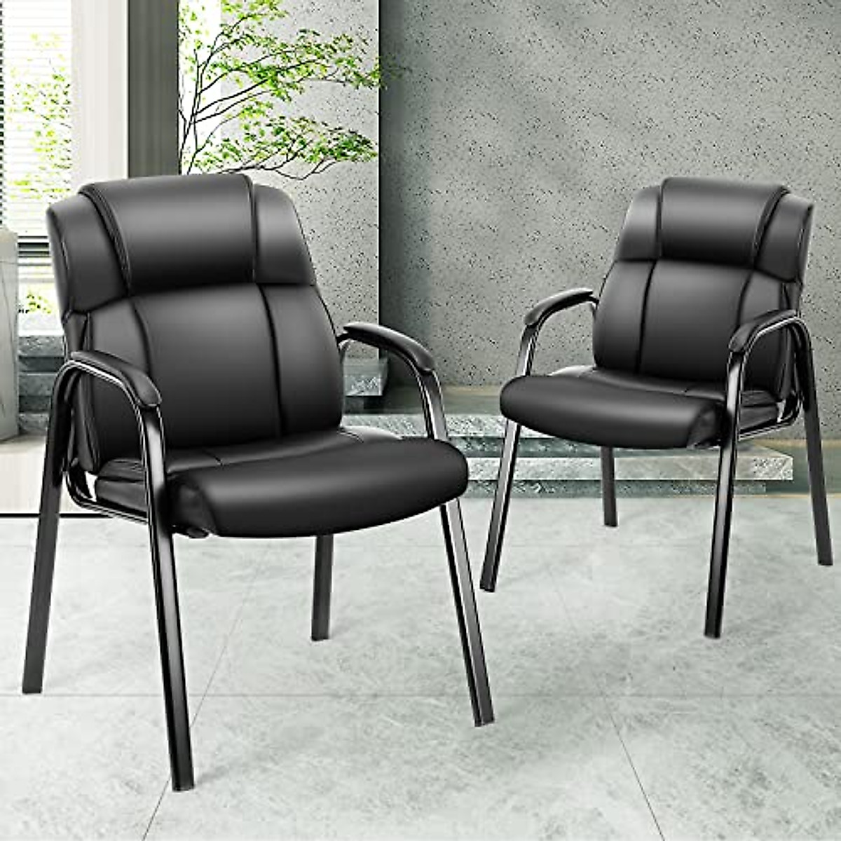OLIXIS Office Desk Guest Wheels PU Leather Reception Chairs with Padded Arms and Metal Frame for Conference, 2 Pack, Black