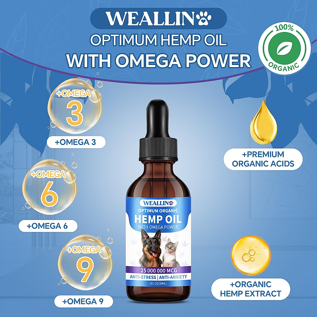 WEALLIN Hemp Oil for Dogs and Cats, Rich in Omega 3, 6, 9 and Organic Extract Helps Pets with Anxiety, Pain, Skin and Coat Health, Stress, Hip and Joint Support, Pet's Calming Treat (1 Pack)