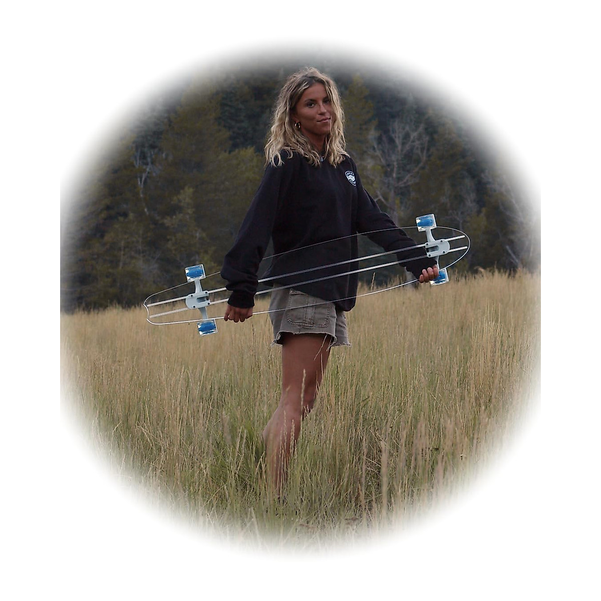 Clear Longboard with Light Up LED Wheels, 48" Pintail Riptide. Acrylic clear skatboard for all ages. weight limit 230 lbs. Made in USA