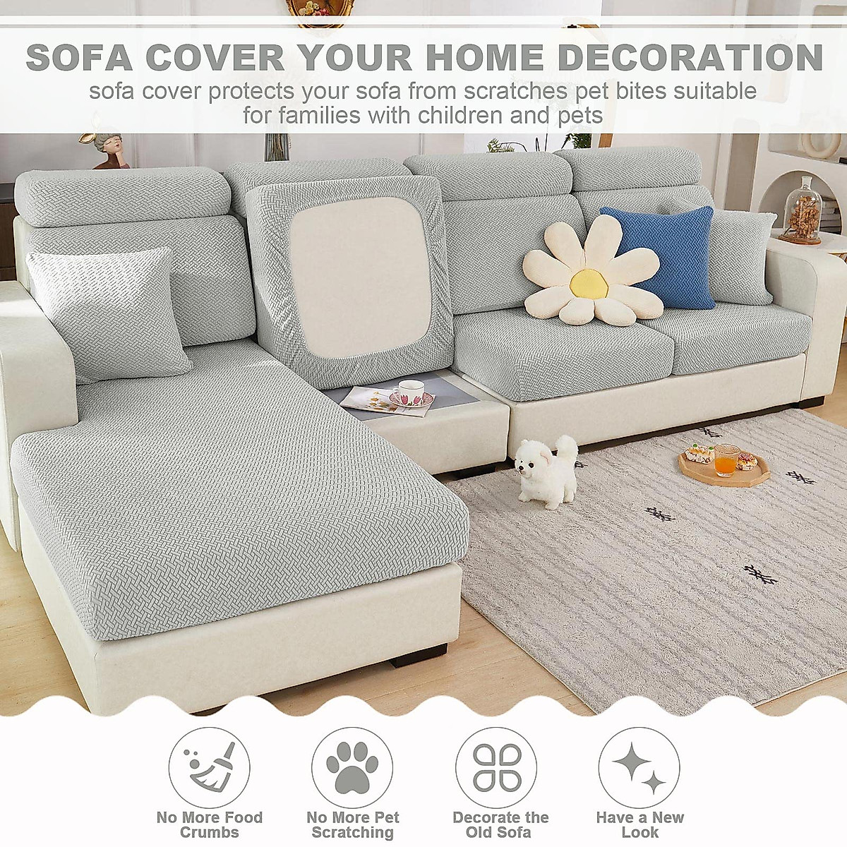 2024 New Wear-Resistant Universal Sofa Cover, Stretch Couch Cushion Slipcovers Replacement, Anti-Slip L Shape Sofa and Chaise Lounge Sofa Slipcover (Weave Light Grey,Chaise Cover)