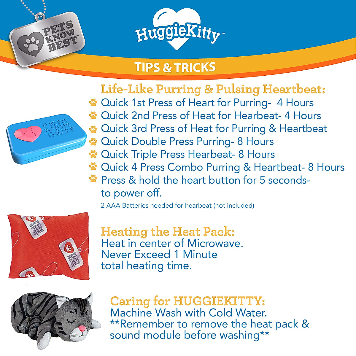 Pets Know Best HuggieKitty Cuddly Cat Toy, Soothing Sound & Warmth Help Relax & Comfort Your Pet- Purr & Heartbeat, Heating Pack- Grey