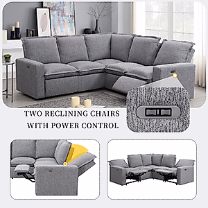 LyuHome 89.76" Power Recliner Sofa,Modern Sectional Sofa with USB Port for Living Room, Convertible L-Shaped Couch Bedroom, Theater room, Grey