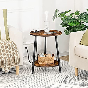 HOOBRO End Table with Charging Station, 2-Tier Round Side Table with Wooden Shelves, Modern Farmhouse Small Accent Table for Living Room Bedroom, Small Spaces, Rustic Brown and Black BF671BZ01