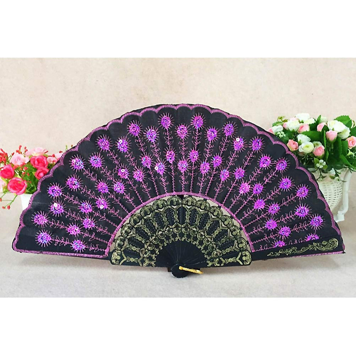 DECHOUS 2pcs Embroidered Sequin Fan Dancing Fans Hand Fans for Women Foldable Fan Sequin Fabric Hand Fan Embroidered Sequin Handheld Fan Folding Fan Vintage Miss The Fabric Purple