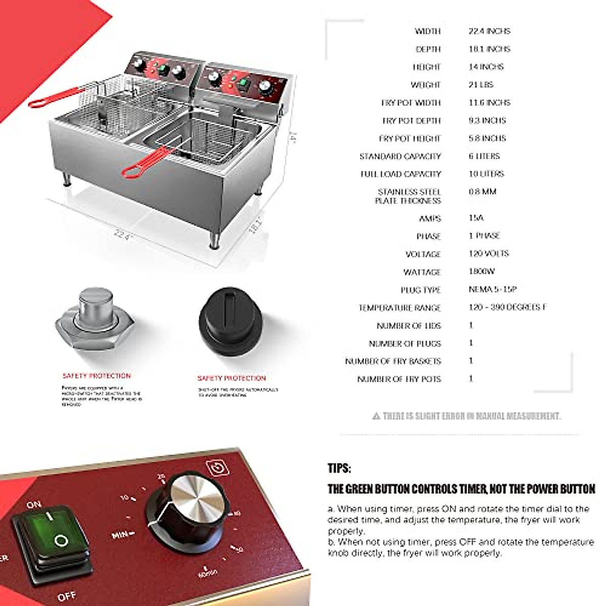EGGKITPO Deep Fryers Stainless Steel Commercial Deep fryer with Timer Dual Tank Electric Deep Fryer with 2 Baskets Large Capacity 10L X 2 Electric Countertop Fryer for Restaurant and Home, 120V 3600W