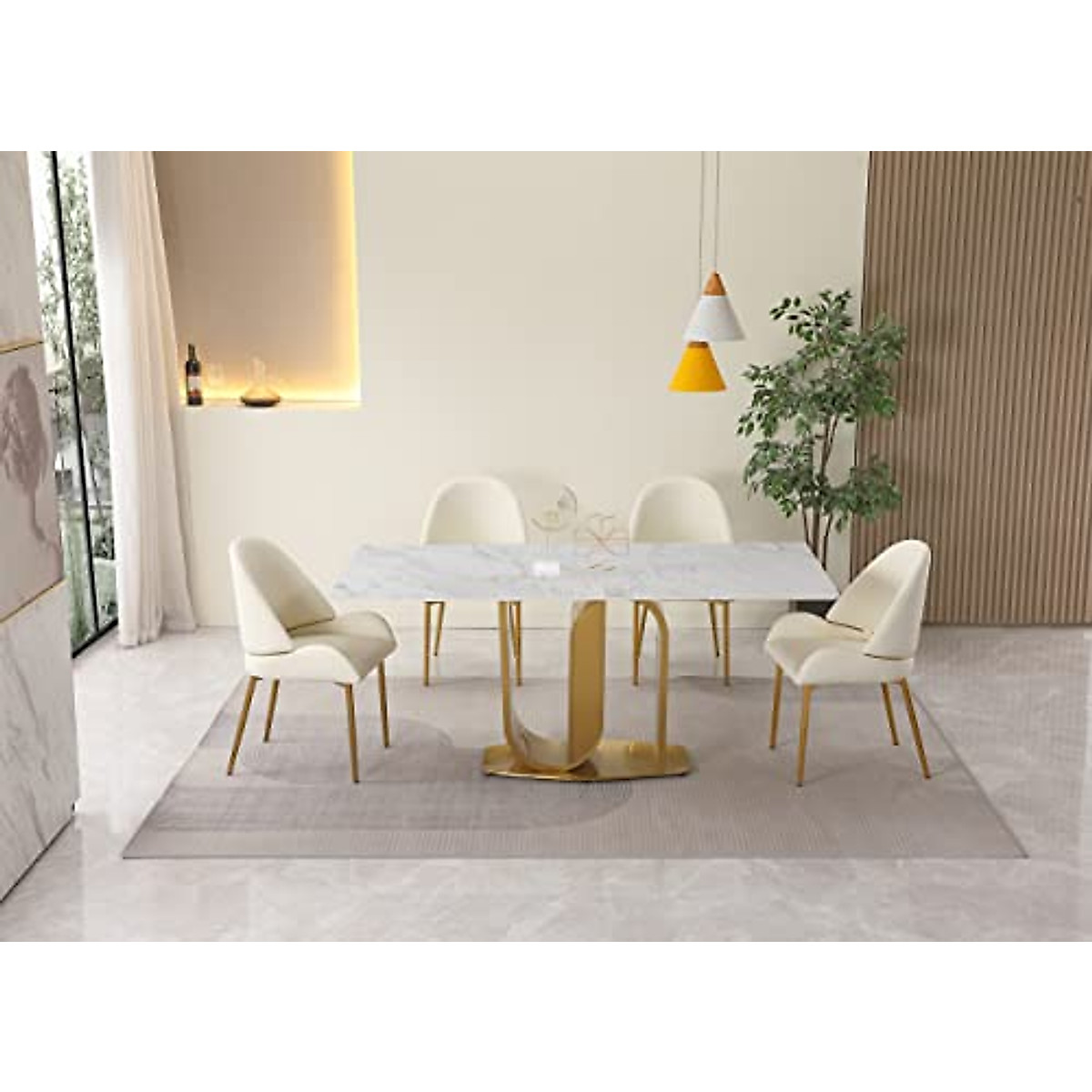 HomSof Contemporary Dining Table Set Sintered Stone Top and U Shape Pedestal Base Finish with 6 pcs Chairs, 7 Pieces, White+Gold