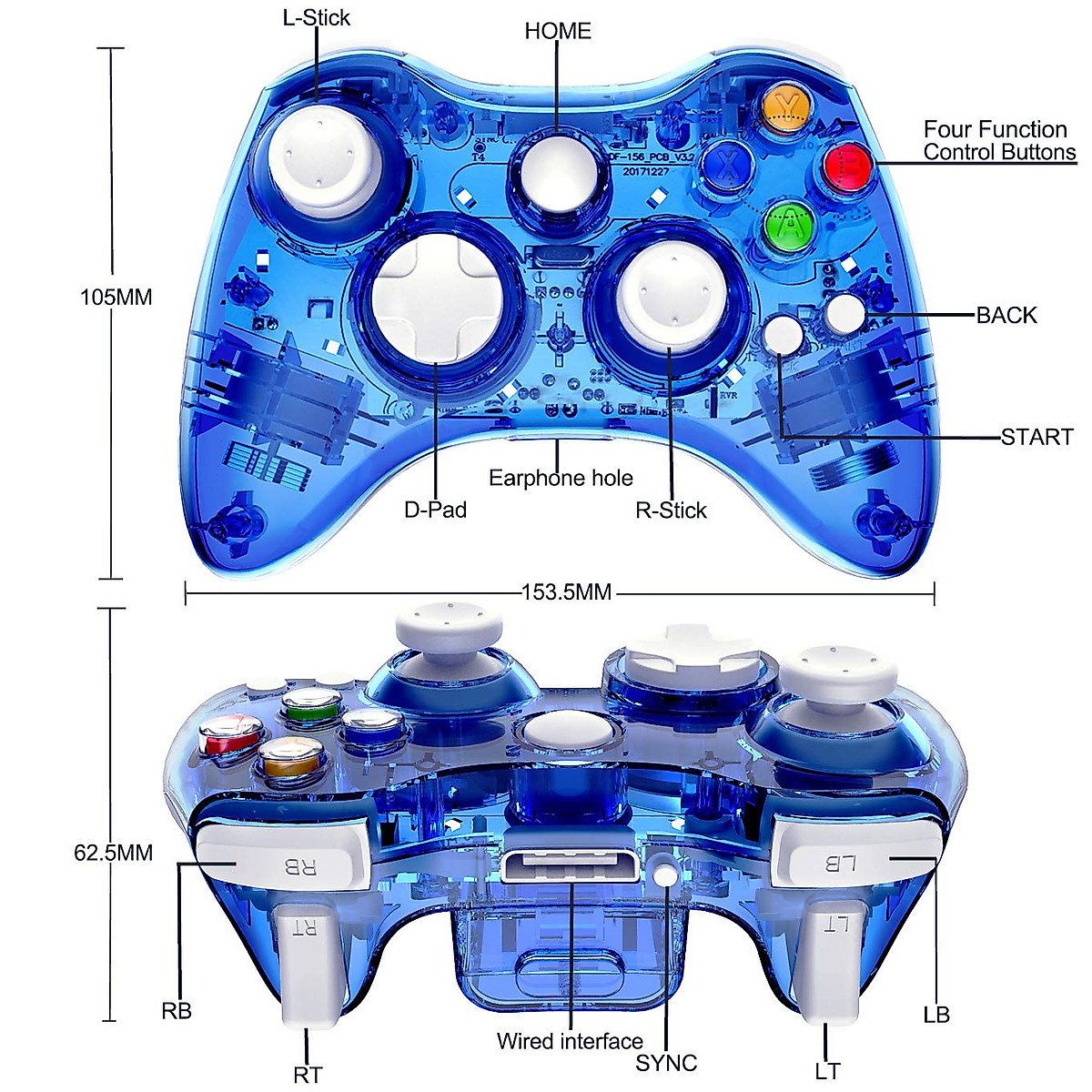 PAWHITS Wireless Controller Compatible with Xbox 360 Double Motor Vibration Wireless Gamepad Gaming Joypad, Blue