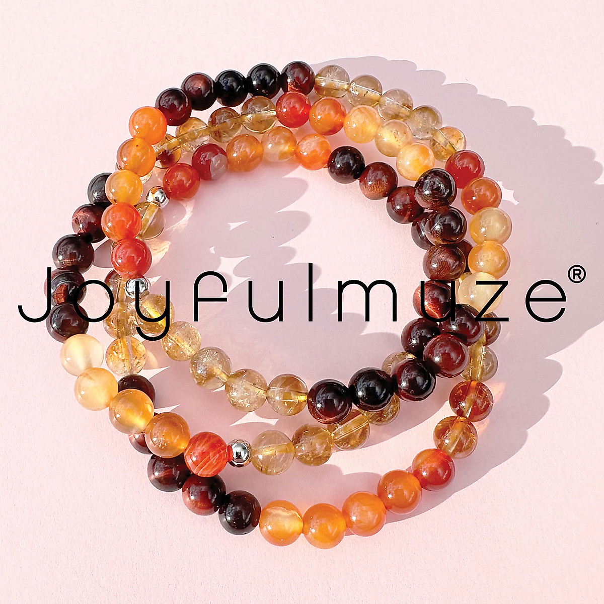 Joyfulmuze Natural Gemstones Stretch Bracelets, Carnelian Quartz, Rutilated Citrine, Red Tiger Eye Stone, Triple Protection Handmade Birthday Gift for Women and Men (Red-Tiger-Eye-Citrine-Carnelian)
