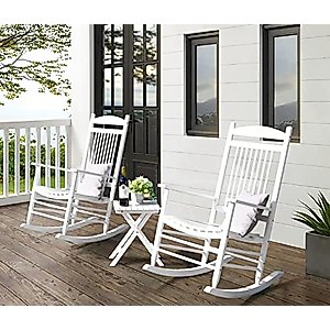VEIKOU Outdoor Rocking Chairs, Set of 3 Wooden Rocking Chair All Weather Resistant Porch Rocker w/High Back & Side Table, Supports 275Lbs, White