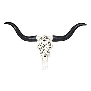 Ebros 27.5" Wide Southwest Rustic Off White Steer Bison Buffalo Bull Cow Horned Skull Head With Scroll Lace Filigree Design Hanging Wall Mount Decor Native Animal Totem Bust Skulls Western Accent