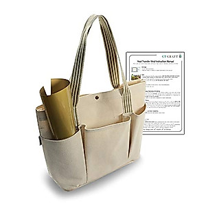 CT CRAFT LLC Stylish Canvas Tote Bag +[Free 12x10” HTV Heat Transfer Vinyl sheet] : Inner Water-Repellent, Three Outer Pockets, One Inner Pocket。Large Capacity