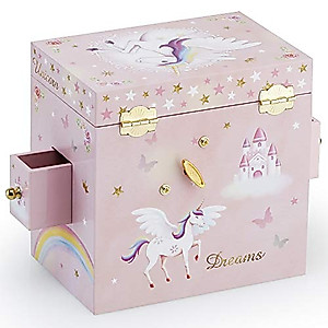 Musical Jewelry Box for Little Girls with 3 Drawers and Jewelry Set with Spinning Unicorn and Rainbow Butterfly Design - Over the Waves Tune Pink
