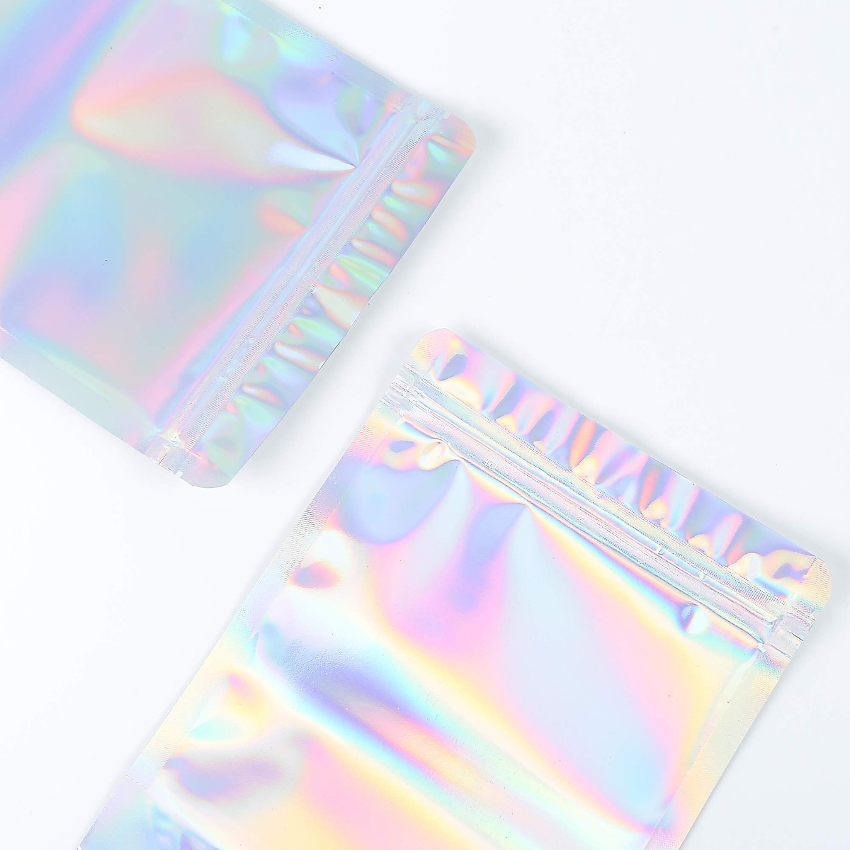 QQ Studio Pack of 100 Windowed or Double Sided Holographic Stand Up Packaging Bags with QuickQlick™ Seal for Food and Snacks (Double-Sided Silver Base Hologram, 16x24cm (6.3x9.4"))