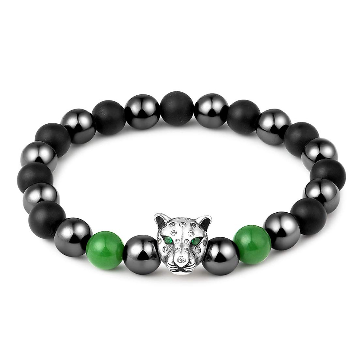 Karseer Antique Silver Panther Hematite and Matte Onyx Natural Stones Beaded Stretch Bracelet Meditation Prayer Stress Relief Energy Beads Bracelet for Men Women