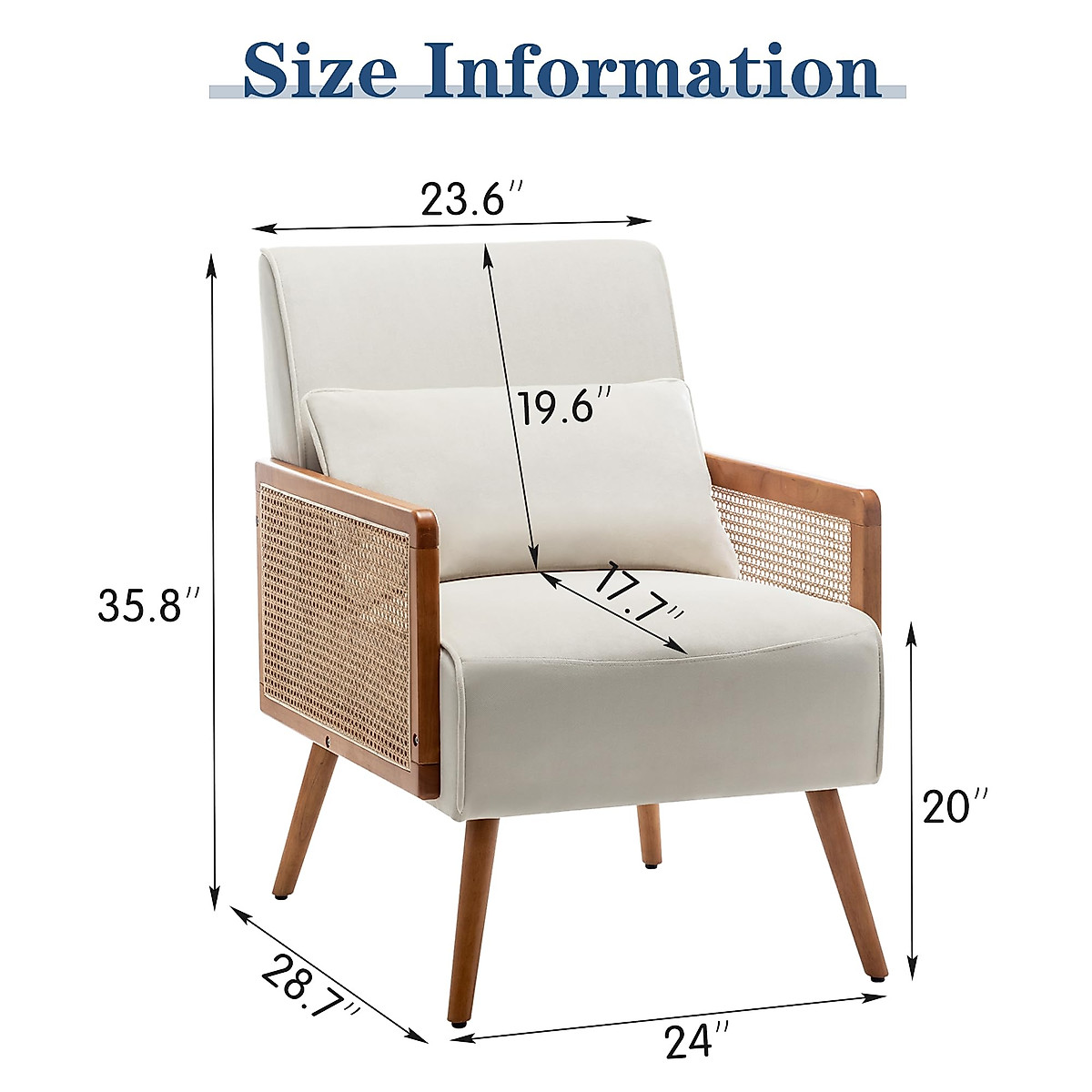 Mid Century Rattan Accent Chair Set of 2, Wooden Upholstered Leisure Armchair with Rattan Armrest, Modern Comfy Reading Accent Chair, for Living Room Bedroom Lounge Side Boho Club Chair, Beige