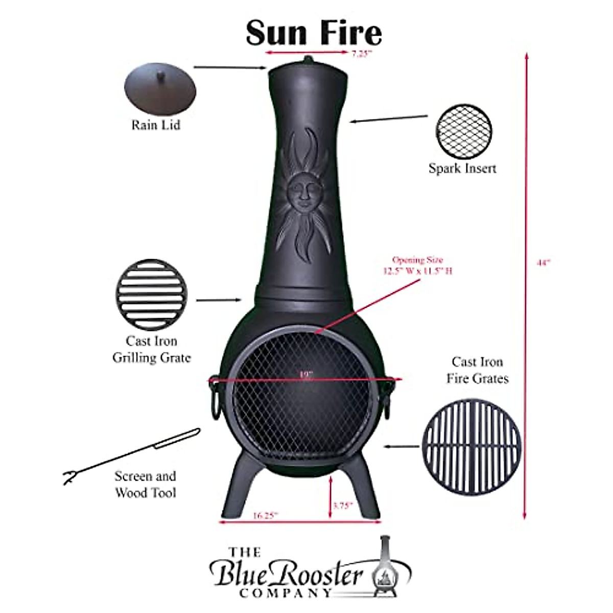 Sun Fire Outdoor Chiminea Fireplace by The Blue Rooster - Rust-Free Cast Aluminum Deck or Patio Firepit