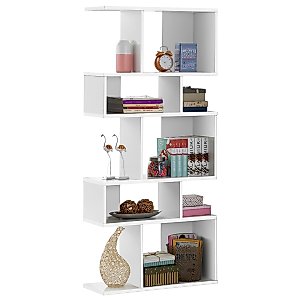 Giantex 5-Tier Geometric Bookshelf White, 70'' Tall Wood Freestanding Decorative Display Open Shelves with Anti-Tipping Device, Each Shelf Holds up to 44 lbs, Wooden S Shaped Bookcase