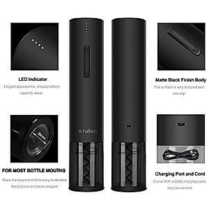 Ataller 4-in-1 Electric Wine Bottle Openers Set, USB Rechargeable Automatic Wine Corkscrews with 1 x Wine Pourer and 1 x Foil Cutter and 2 x Vacuum Wine Stoppers
